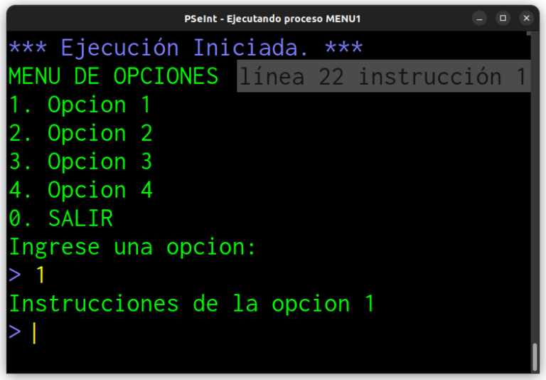Menús de opciones en Pseint | PSeIntLab